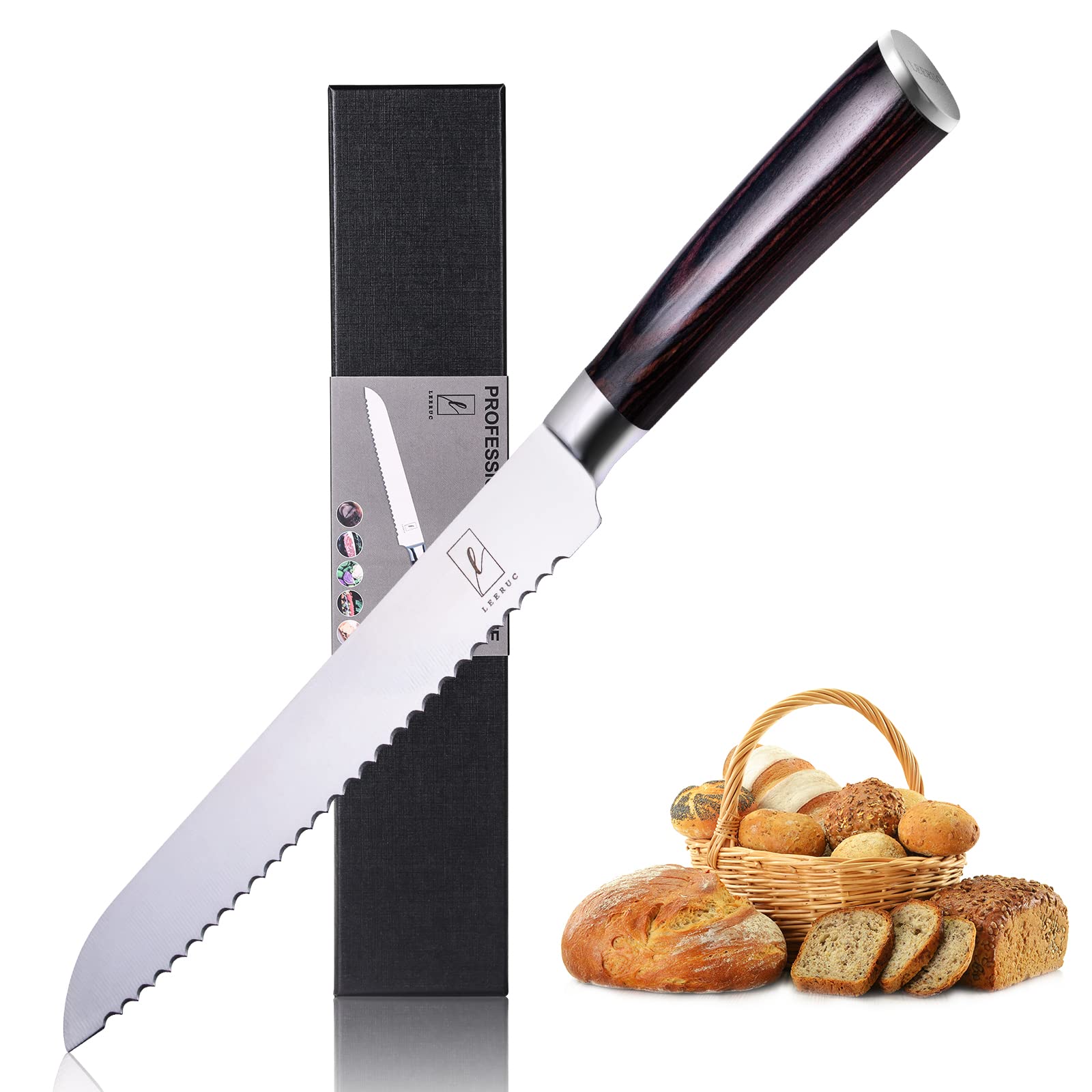 LEERUC Bread Knife - Wooden Handle German High Carbon Stainless Steel 8 ...