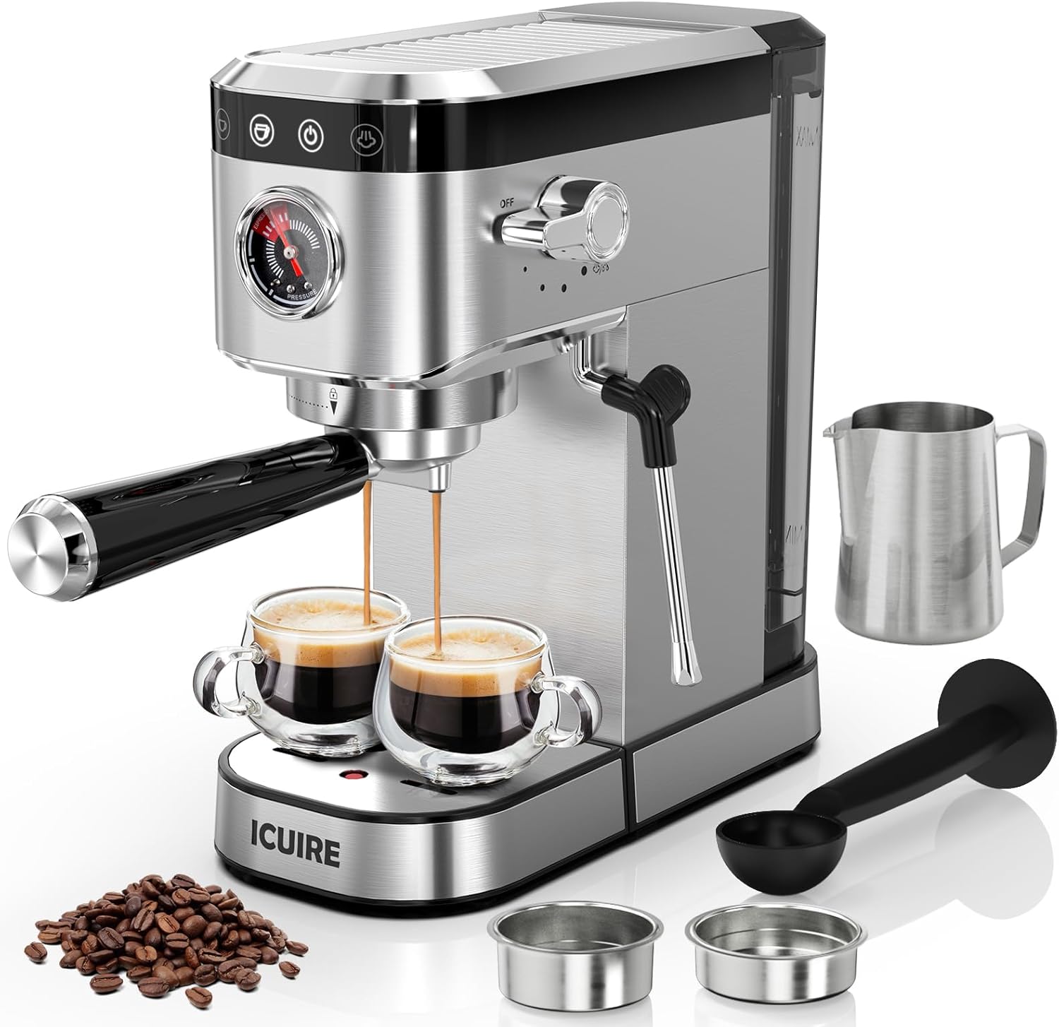 Amazon.com: ICUIRE Espresso Machine 20 Bar, Stainless Steel Espresso Maker with Milk Frothing ...