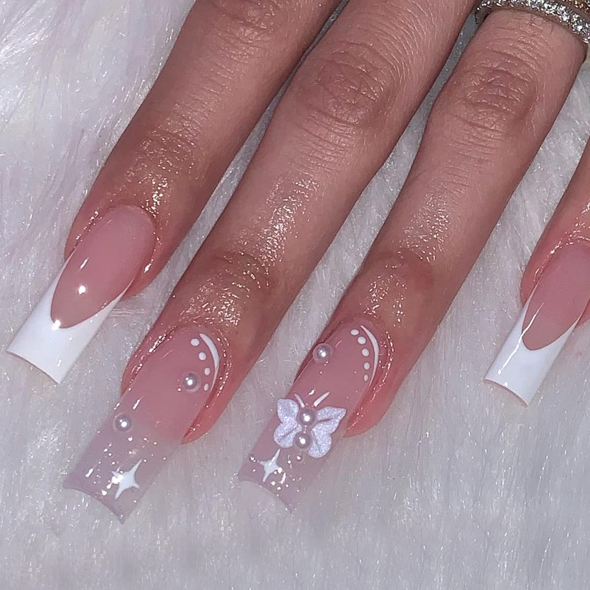 Amazon.com: 24PCS Long Fake Nails Square French Tip Fake Nails Pink ...