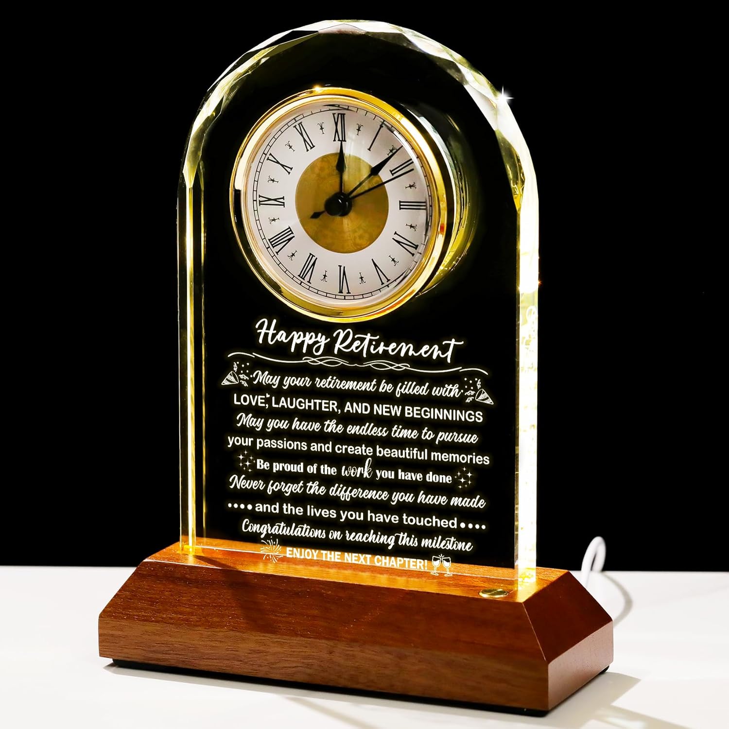 Amazon.com: Glass Retirement Clock With Wooden Light Base - Happy ...