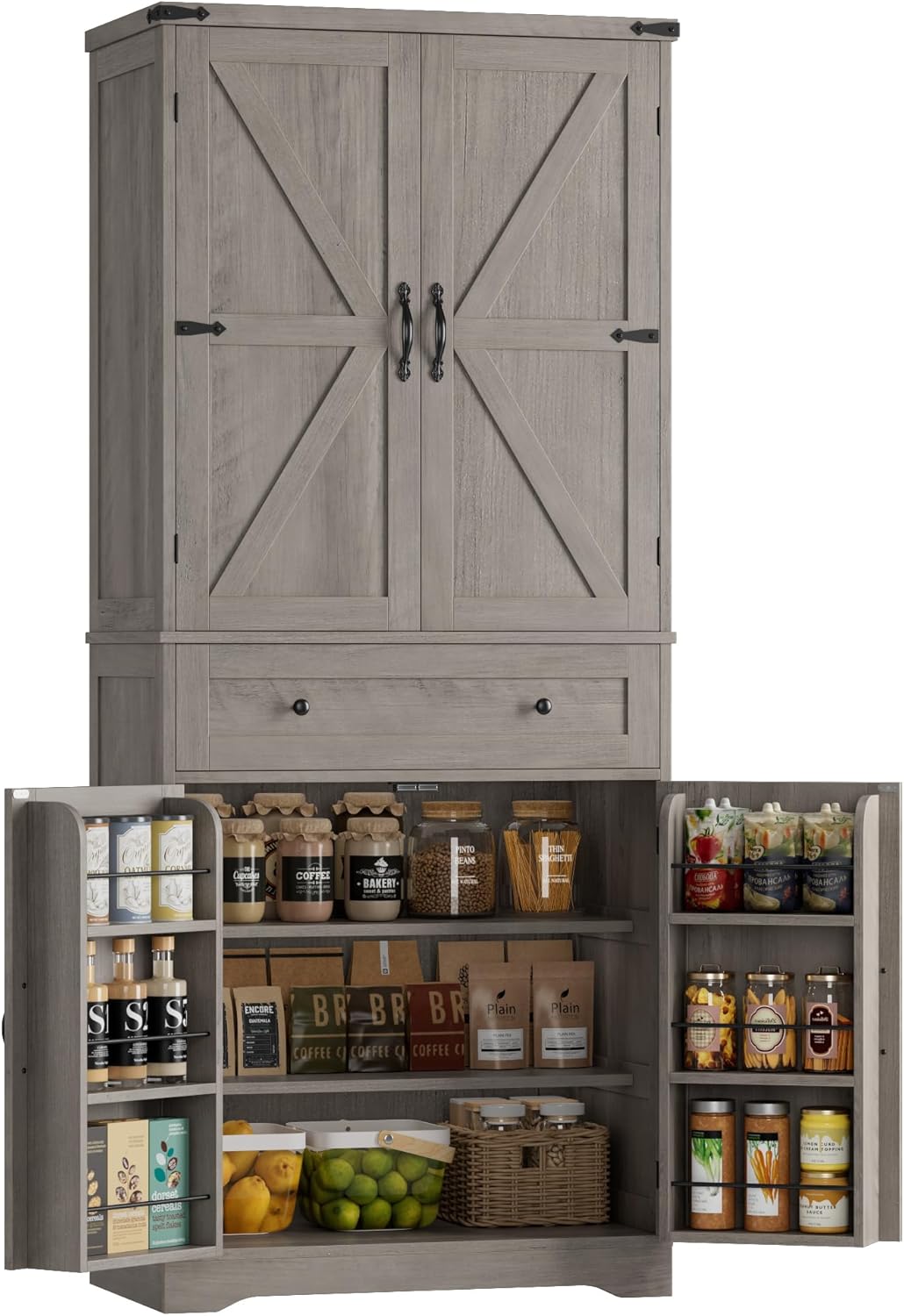 Amazon.com: HOSTACK 71" Tall Pantry Cabinet, Farmhouse Kitchen Pantry ...