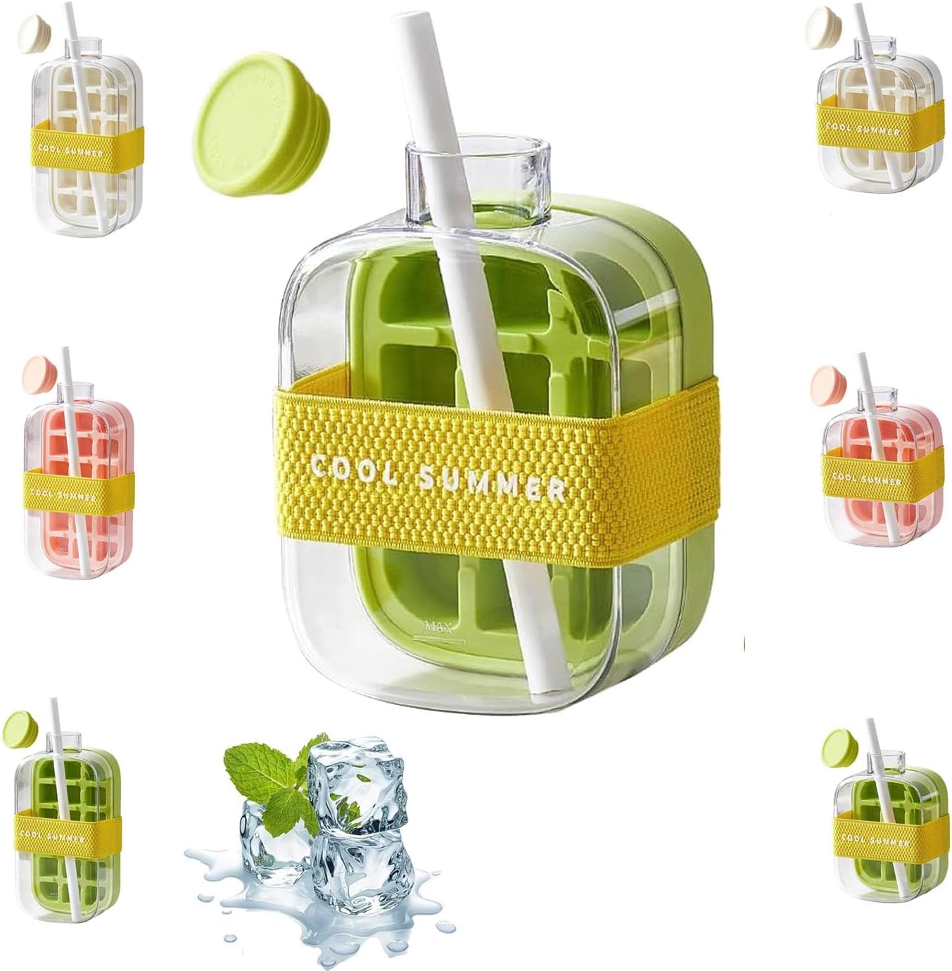 Ice Cube Bottle, 2 in 1 Touch-Free Ice Cube Tray Water Bottle with Lid ...