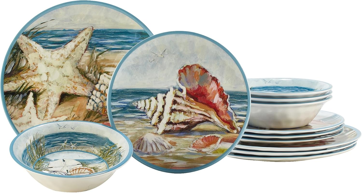 Amazon.com | Seacoast Melamine 12 Piece Dinnerware Set – Coastal Beach ...