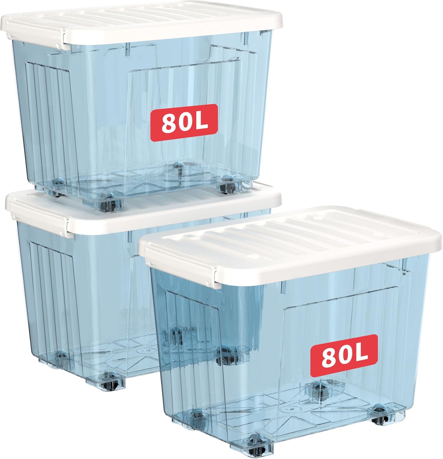 Cetomo 80L*3 Plastic Storage Boxes with Wheels, Lidded Storage Box with ...