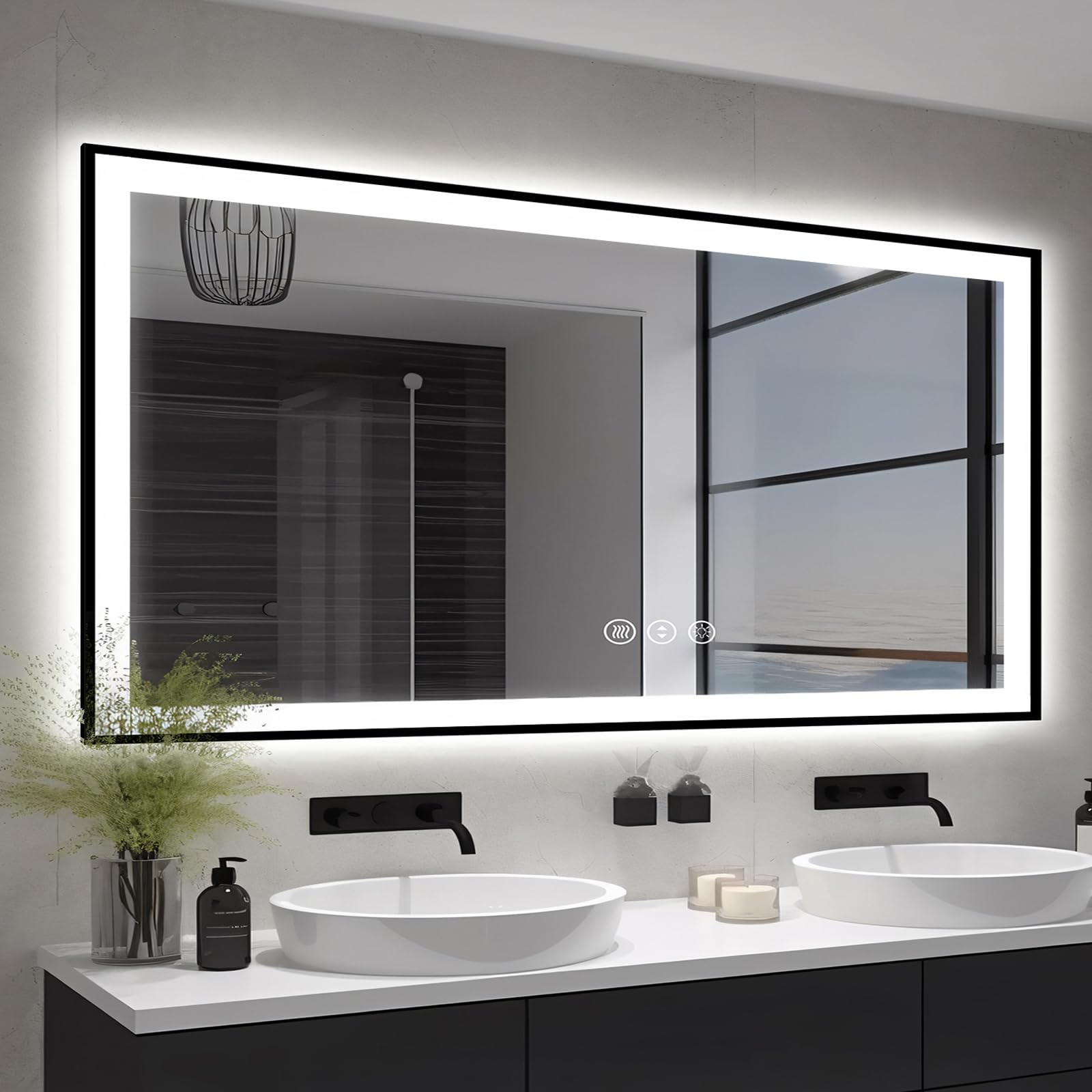 EchosLife 60x30 Large LED Bathroom Vanity Mirror -Black Aluminum Framed ...
