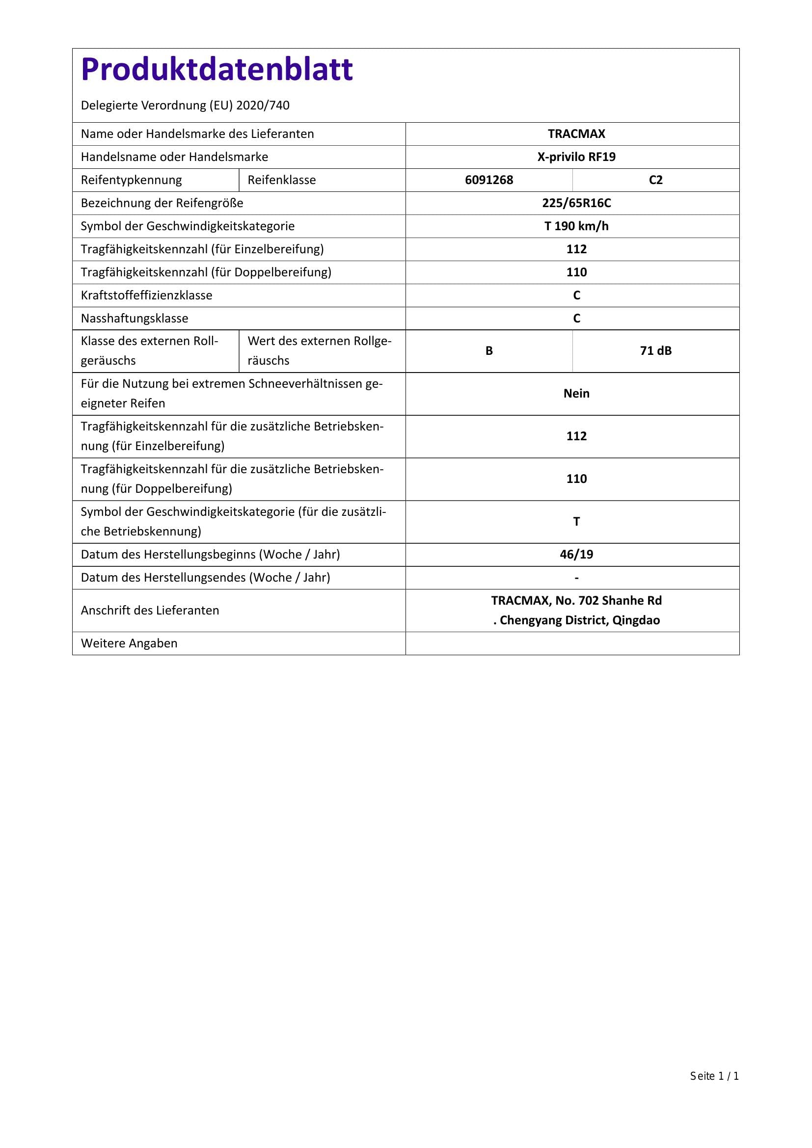 TRACMAX 225/65R16C 112/110T RF19 71CC : Amazon.de: Auto & Motorrad