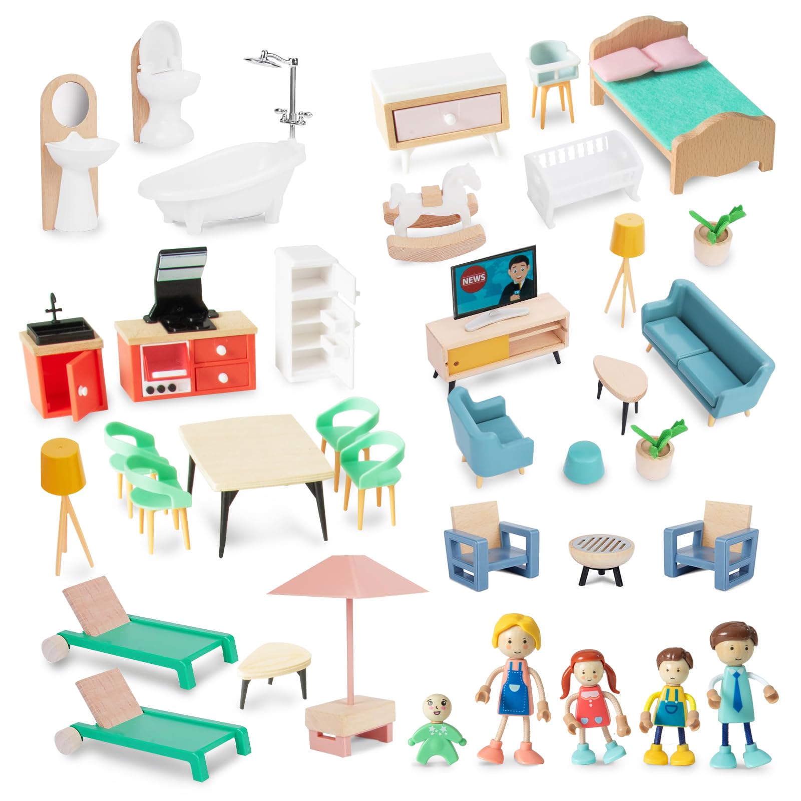 Amazon.com: Smartwo 43PCS Wooden Dollhouse Furniture Set for Kids ...