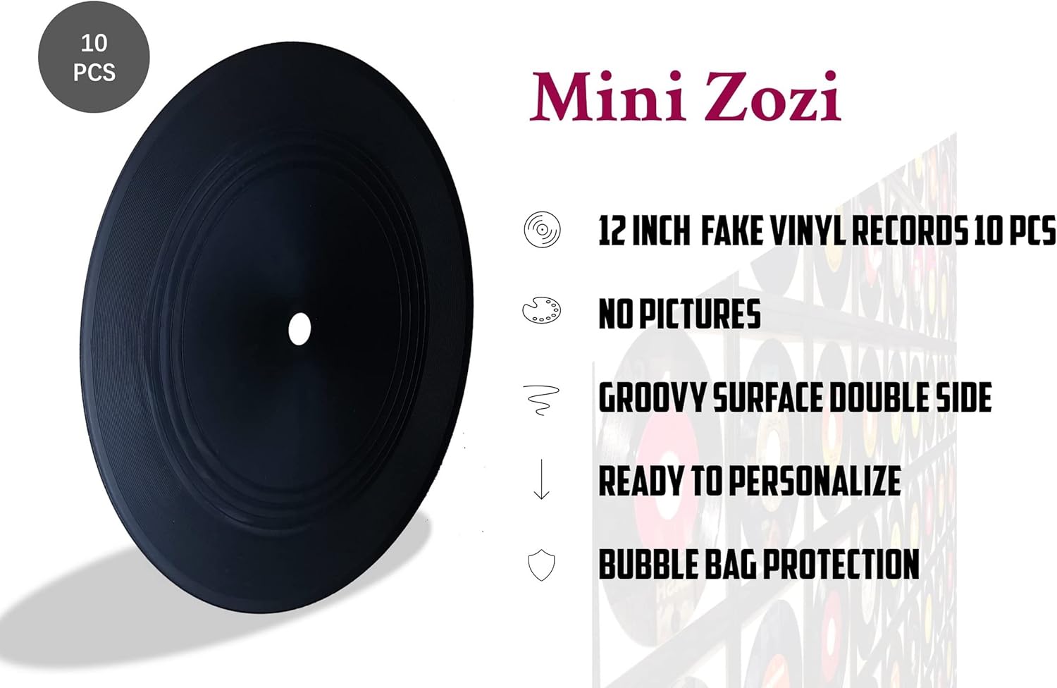 MINI ZOZI 12 inch Black Blank Vinyl Records Fake 10 Pieces in 1 Pack ...