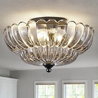 Modern Black Ceiling Light Fixture, 12" Grey Glass Flush Mount ...
