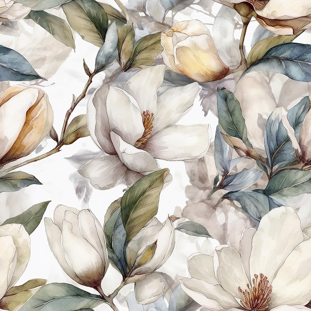 REDAMANCY White Magnolia Floral Watercolor Green Leaf Vintage Peel and ...