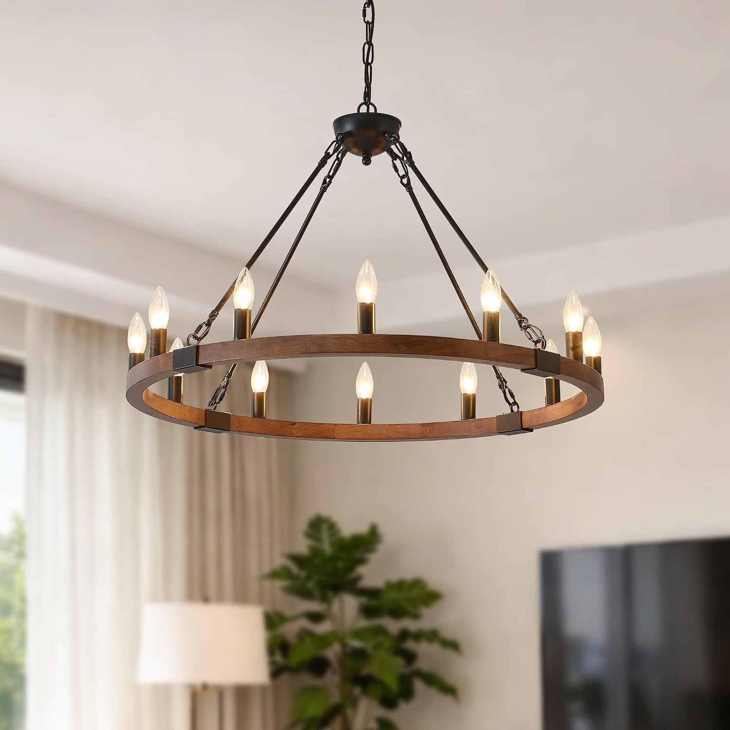 FJHELO Wagon Wheel Chandelier, 32 Inch Round Wooden Farmhouse ...