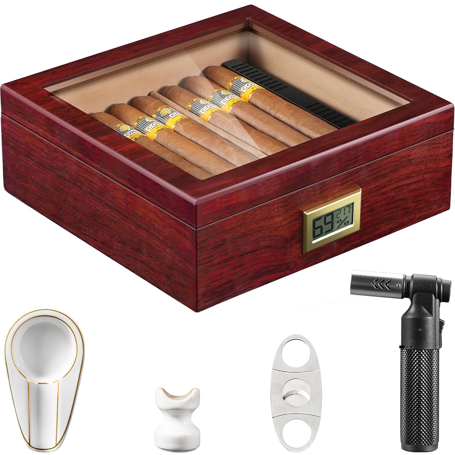Amazon.com: Flauno Cigar Humidor with Torch Lighter, Cigar Cutter ...