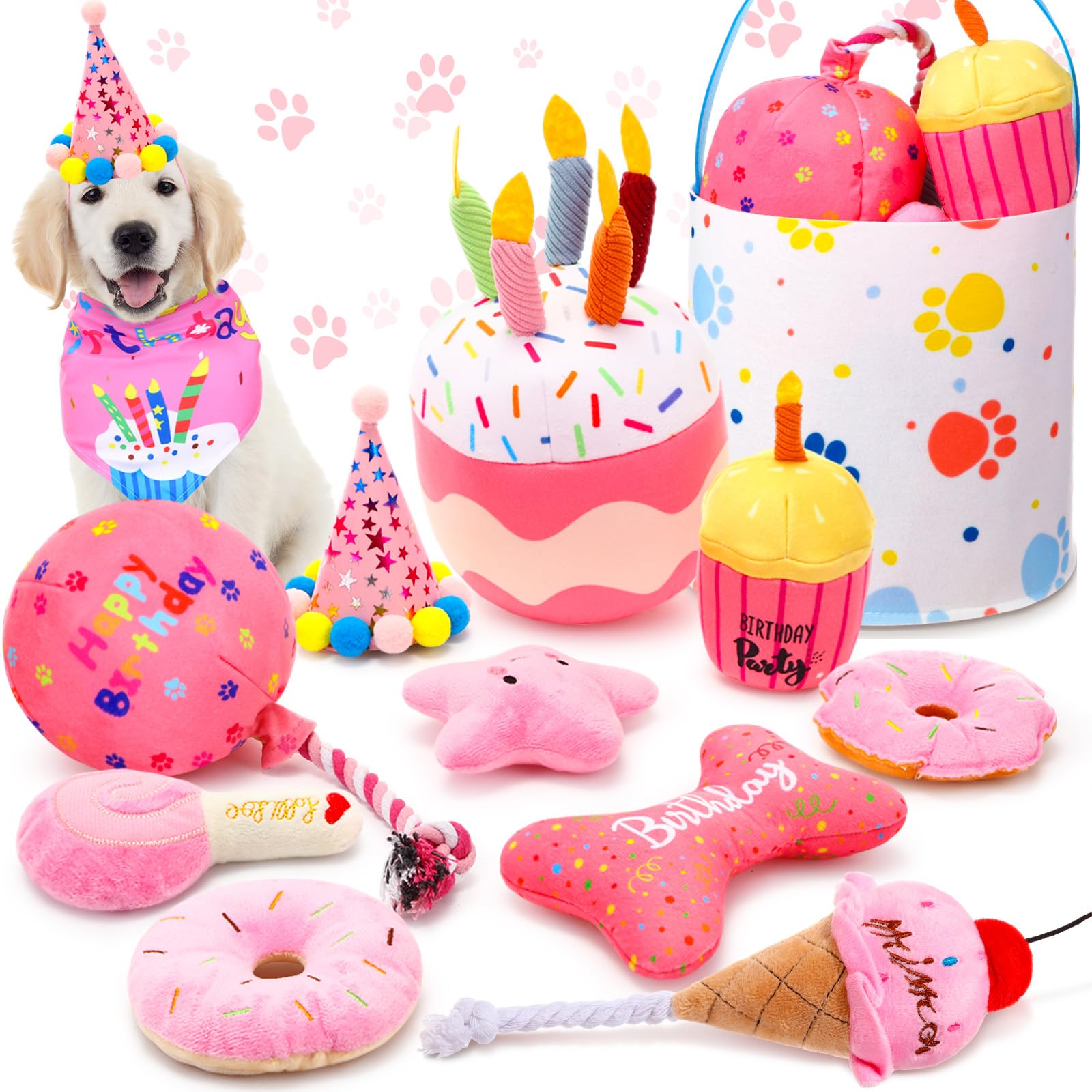Pet Supplies : Glimin 12 Pcs Birthday Dog Toy Set Squeaky Pink Balloon ...