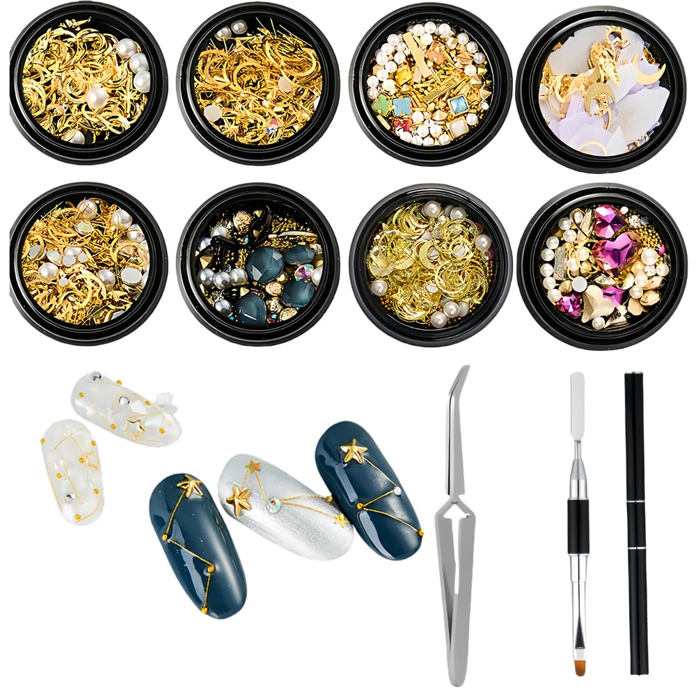 Amazon.com: 3D Nail Charms Nail Art Kit with 8 Jars of Nail Gems,Half ...