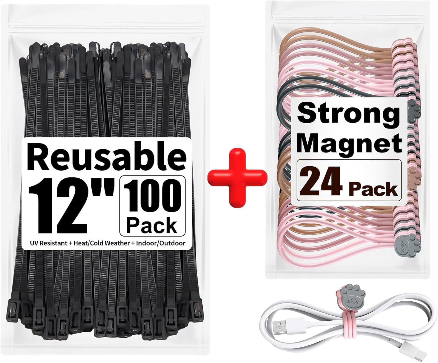 Amazon.com: 100 Pack Reusable Zip Ties 12" + 24 Pack Magnetic Cable ...