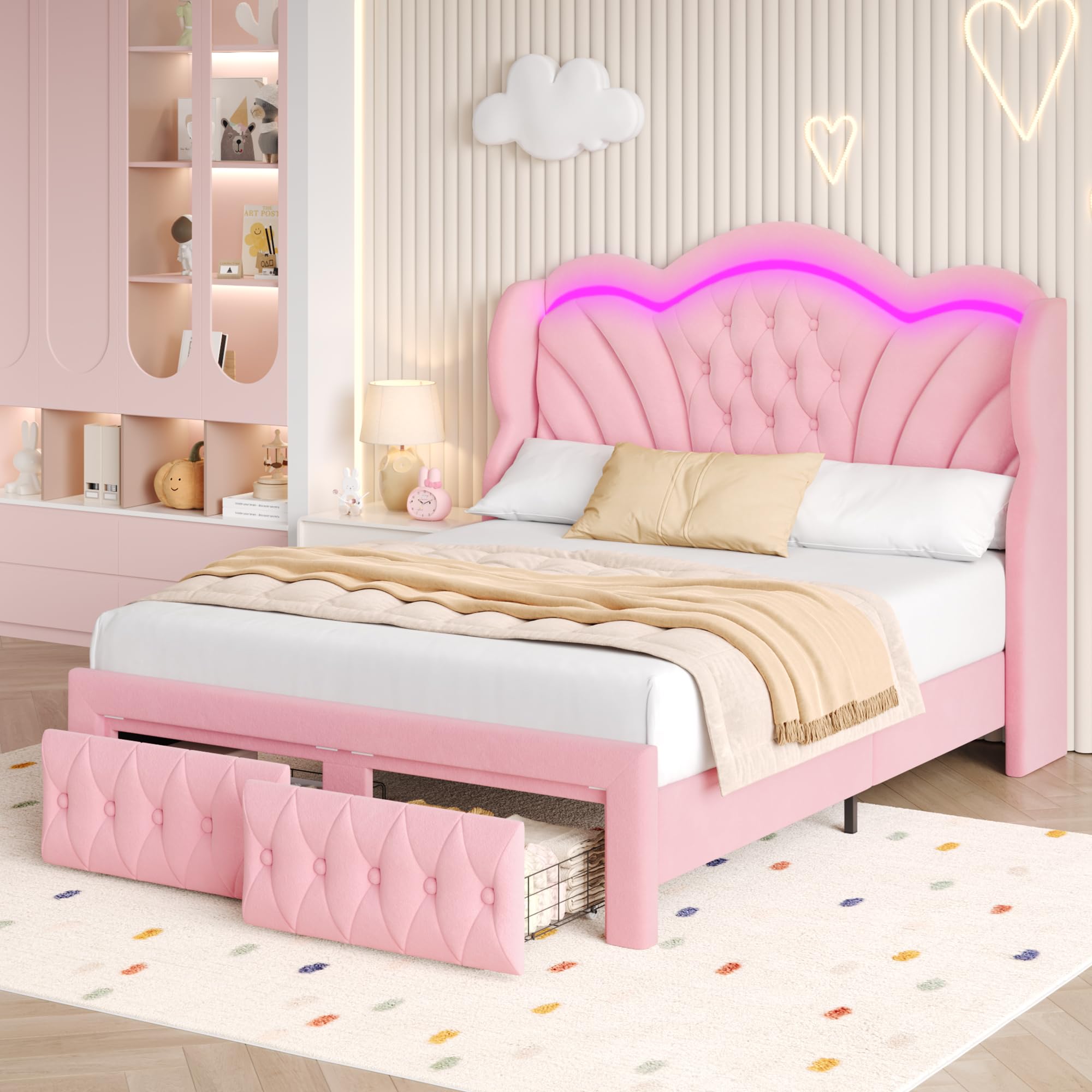 Amazon.com: Keyluv Queen Bed Frame Arc-Shaped LED Lights and 47.2 ...