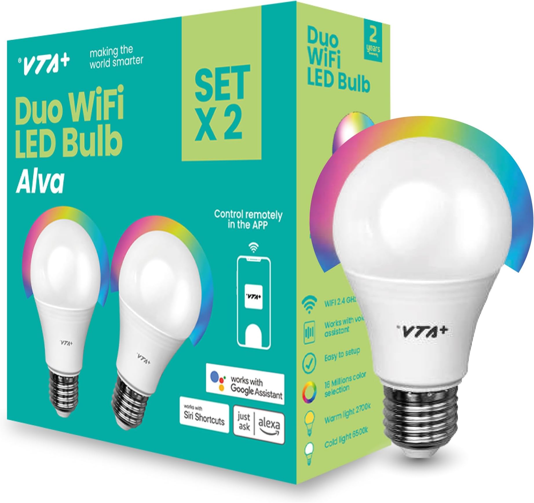 VTA+ Smart Light LED Bulb Kit x2 E27 RGB - WiFi 2.4Ghz only, Alexa and ...