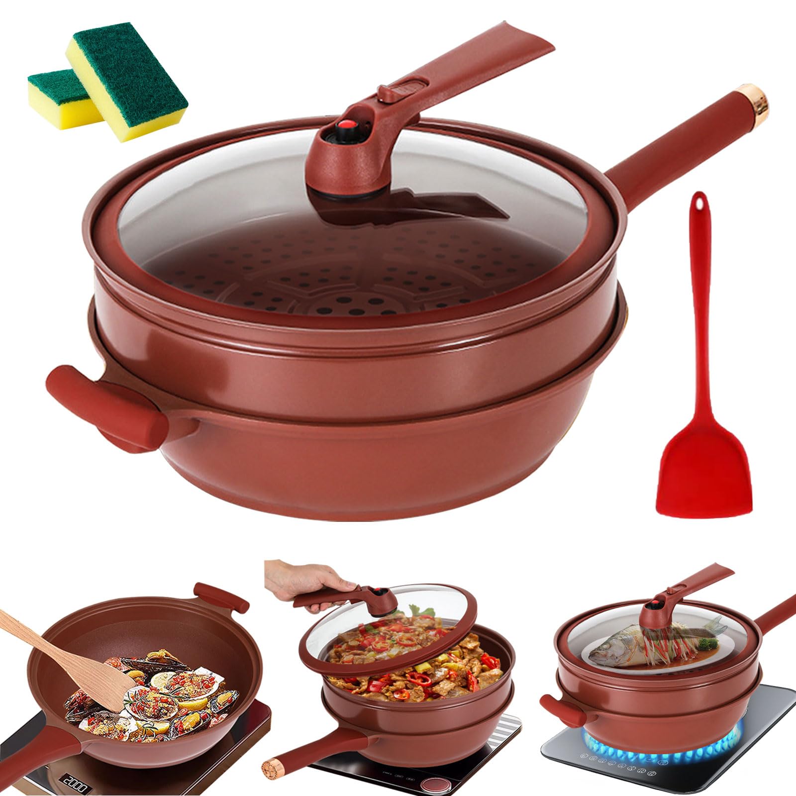 Amazon.com: Qivine Non-Stick Clay Wok,12.6 Inch Pottery Clay Frying Pan ...