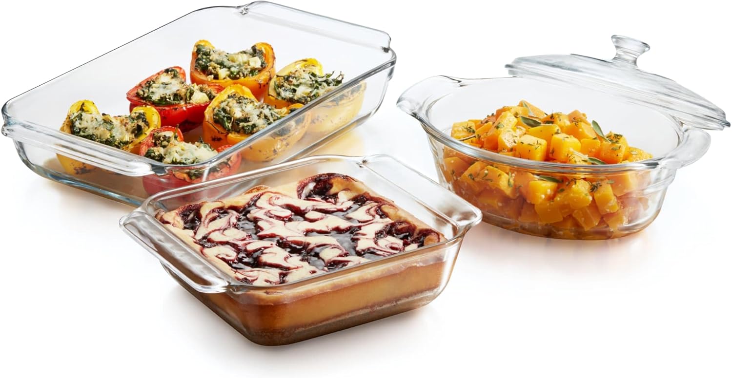 Amazon.com: Libbey Baker's Premium 3-Piece Glass Casserole Baking Dish ...