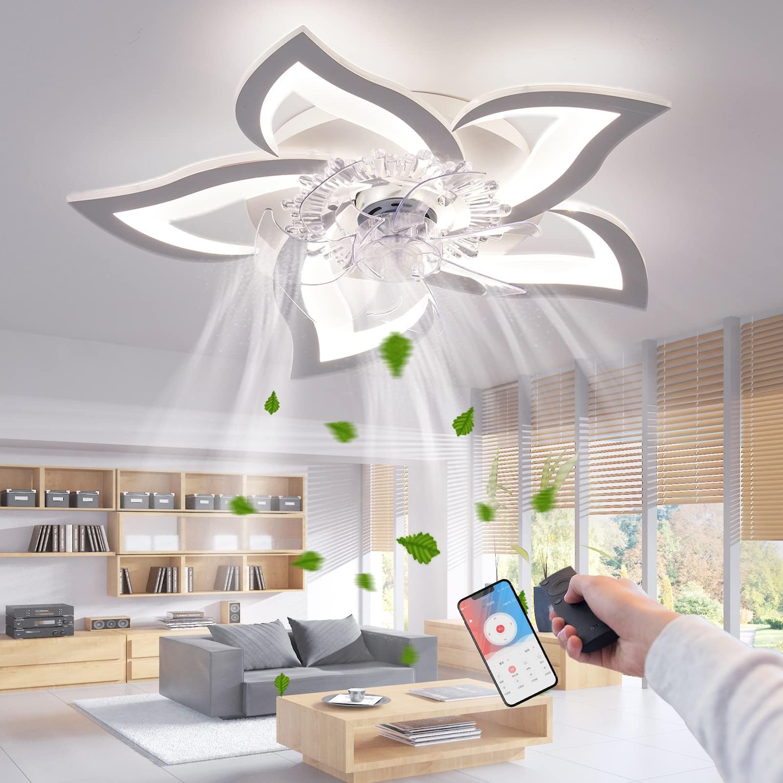 LED Ceiling Fan with Lighting, Creativity 5 Flames, Quiet dimmable Fan ...