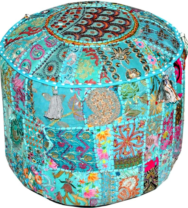 Healing Crystals India Colorful Cotton Ottoman Cover - Embroidered ...