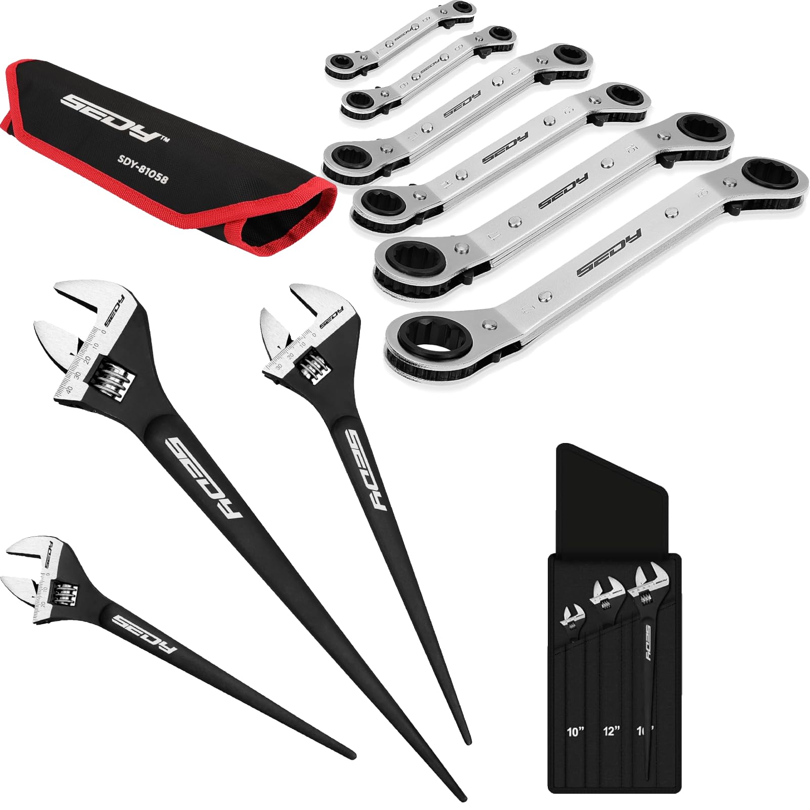 3-Piece Adjustable Spud Wrench Set & 6-Piece Metric Ratchet Box Wrench ...