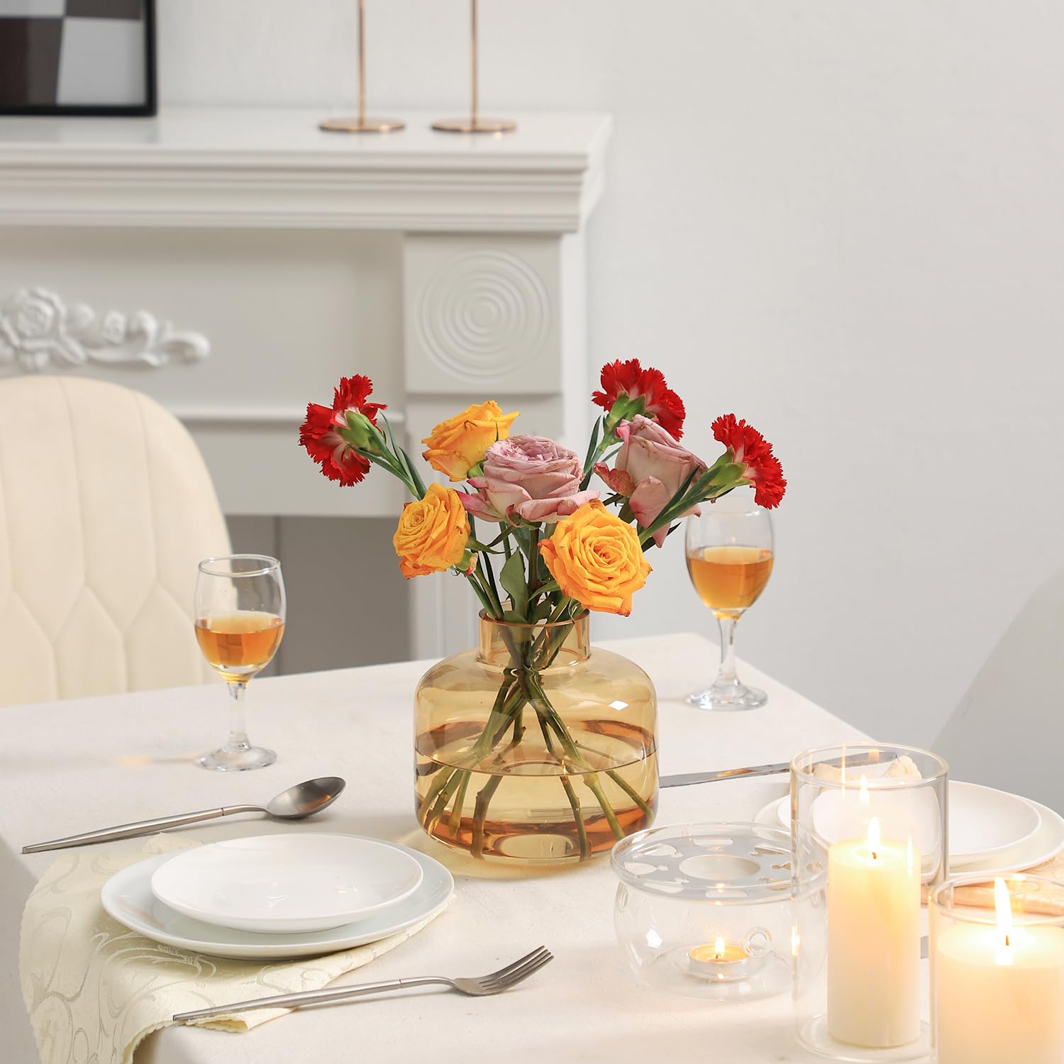 Snapklik.com : Amber Glass Vase, Short Flower Vase, Round Glass Vases ...