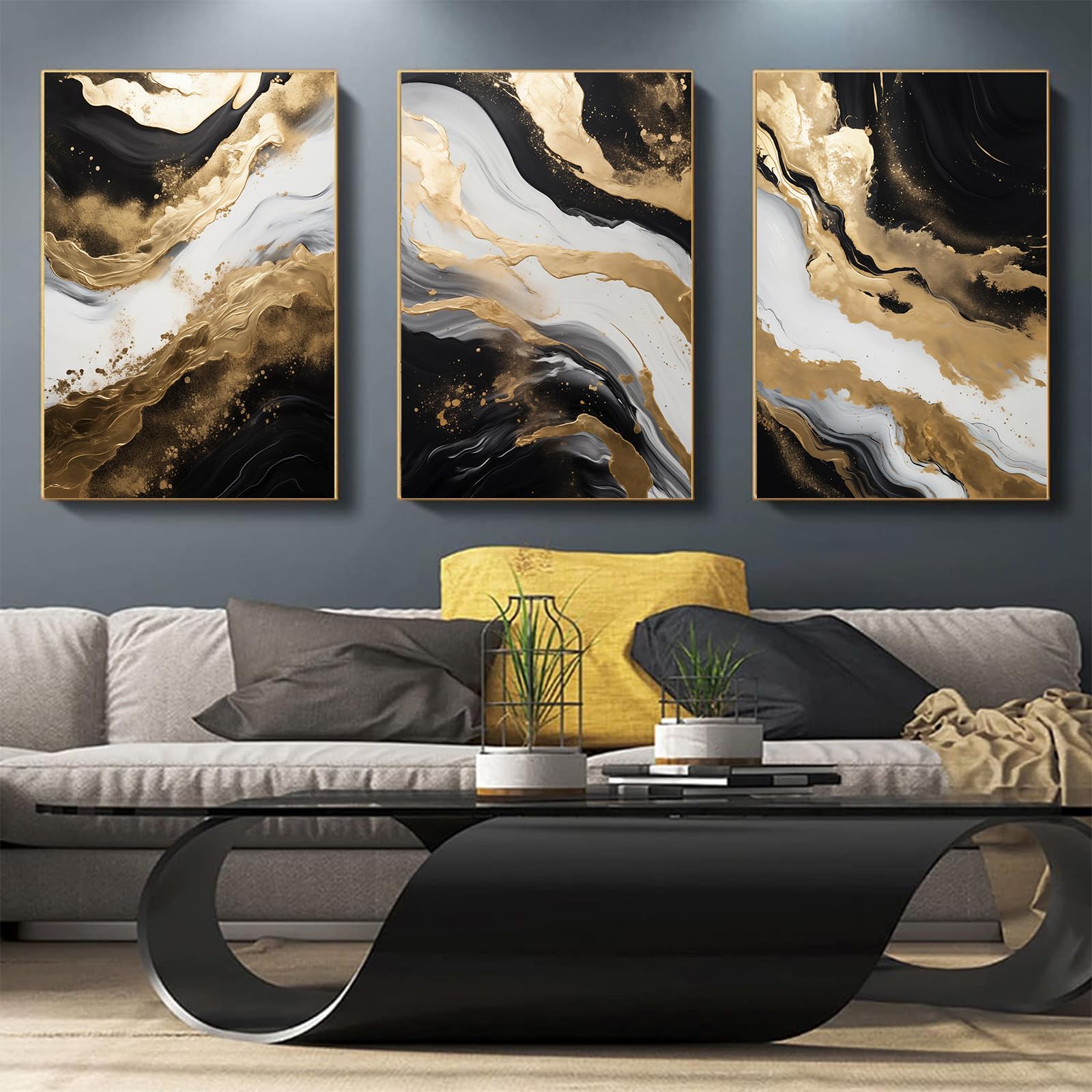 Amazon.com: Black and Gold Abstract Canvas Wall Art Black Marble ...