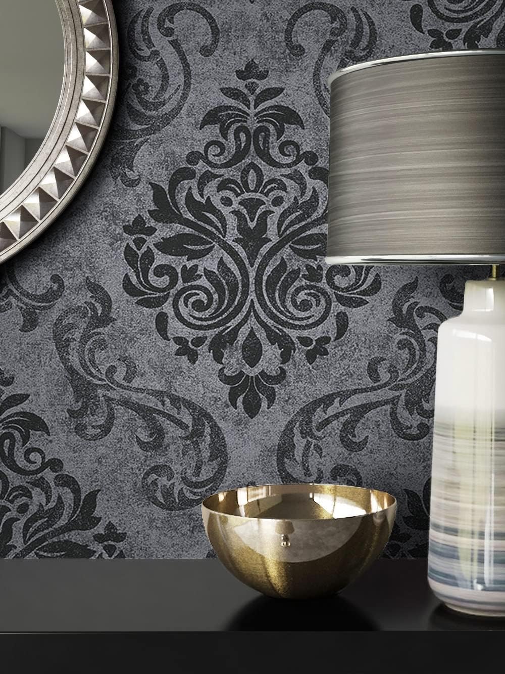 NEWROOM Papier peint Noir Ornement Intissé - Baroque Gris Anthracite ...