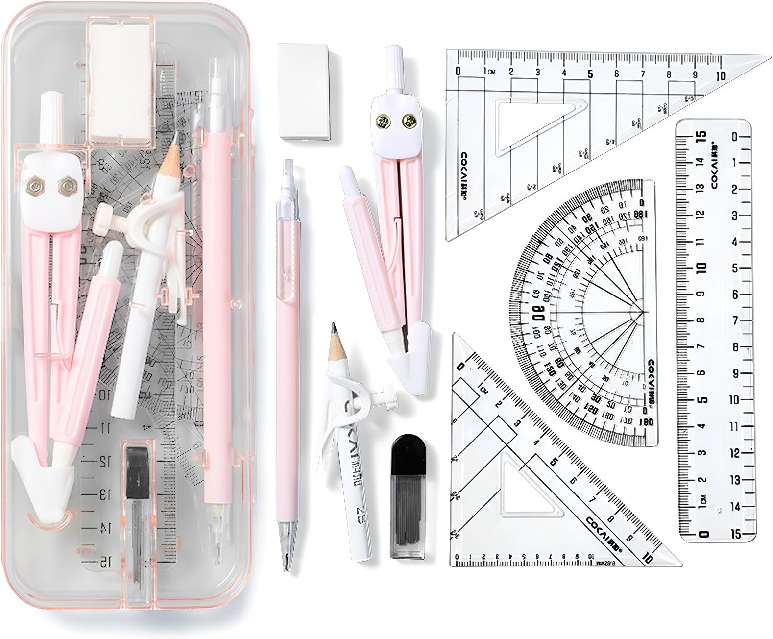Maths Kit, 9 PCS Protractor and Ruler Set Geometry Drafting Compass Box ...