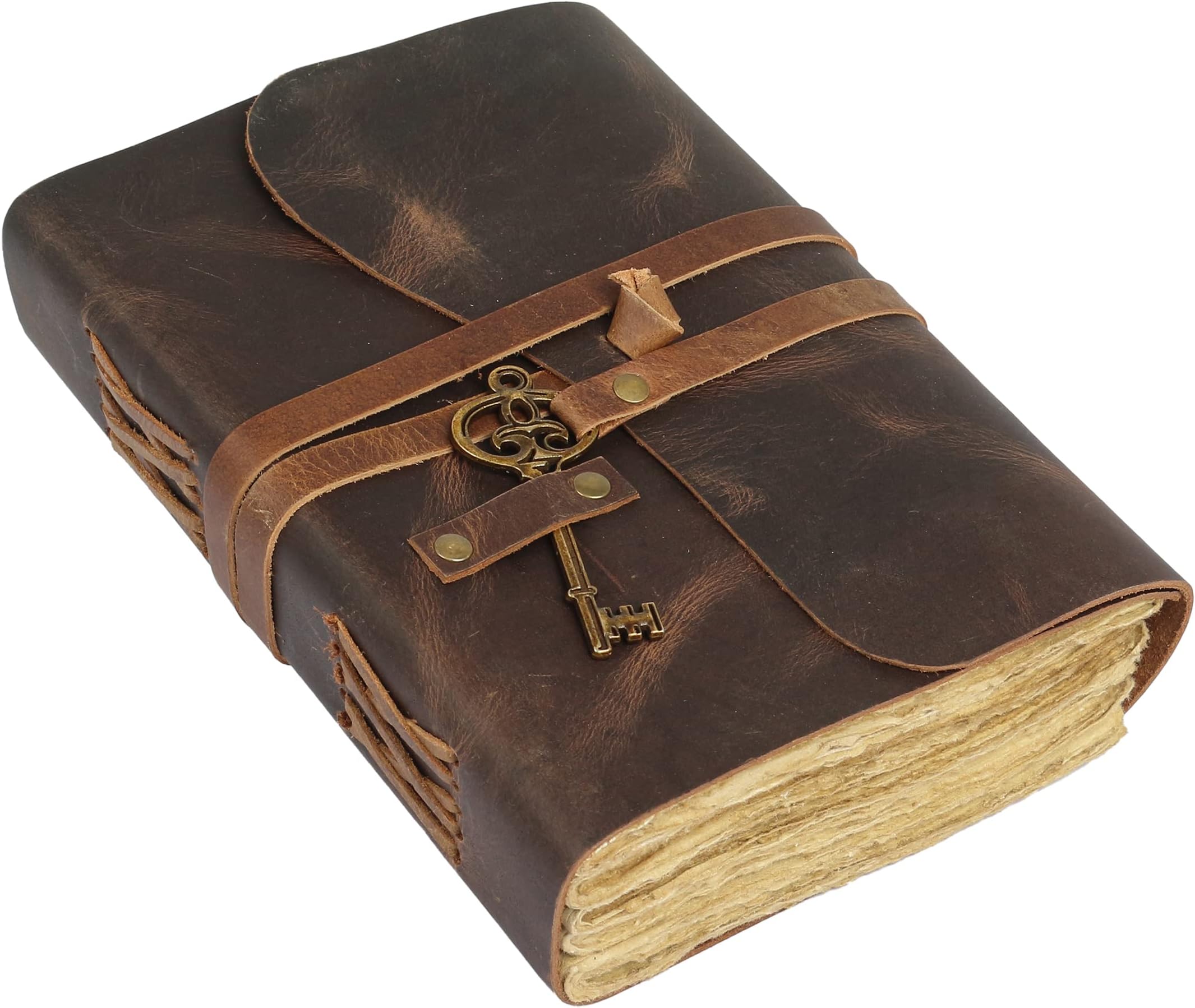Leather Journal with lined Deckle Edge Paper 8x6 inch and Vintage Key ...