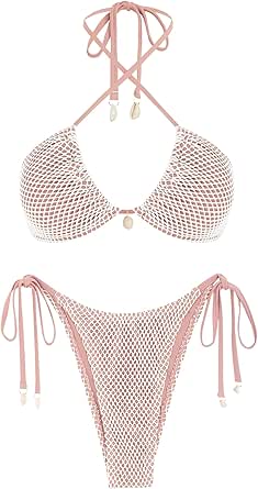 Amazon.com: ZAFUL Women's Triangle Bikini Multiway Fishnet Tie Side ...
