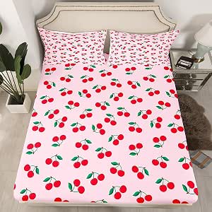 Amazon.com: Cherry Bed Sheet Set Queen Size Pink Cherry Fitted Sheet ...