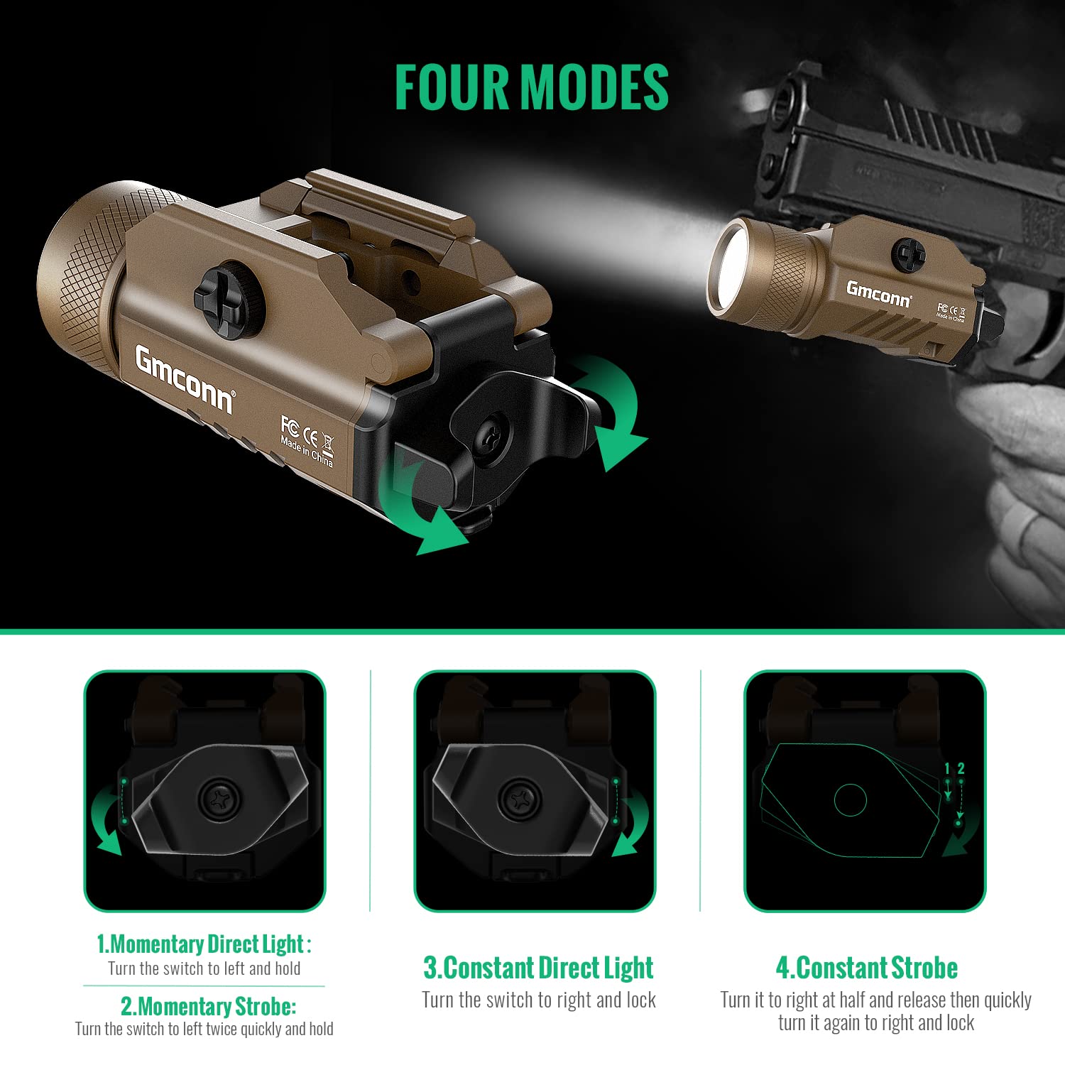 Gmconn 1200 Lumens Rail Mounted Compact Pistol Light LED Strobe ...