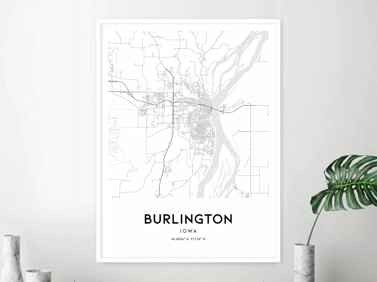 Amazon.com: Burlington Iowa Map Poster Decor City Road Art Black and ...