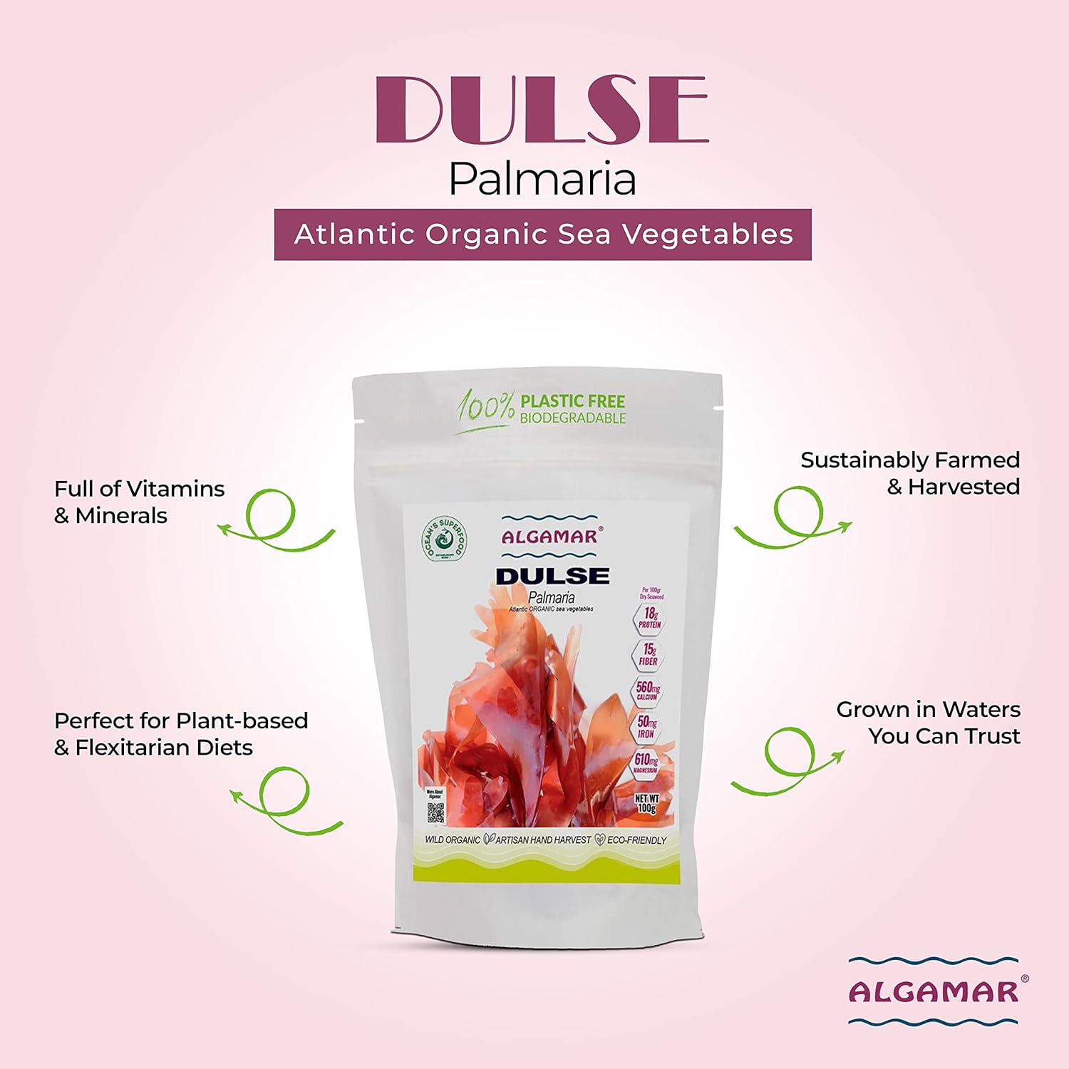 ALGAMAR Dulse – Algas marinas 3.53oz, orgánicas, sin gluten, veganas y ecológicas, llenas de ...