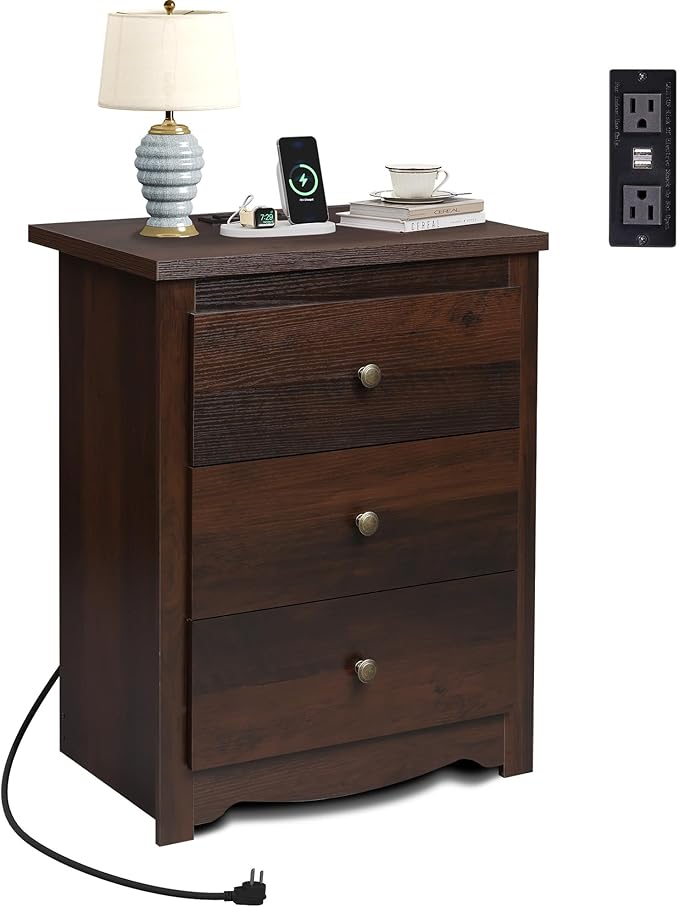 Amazon.com: WLIVE Tall Nightstand with Charging Station, Wood ...