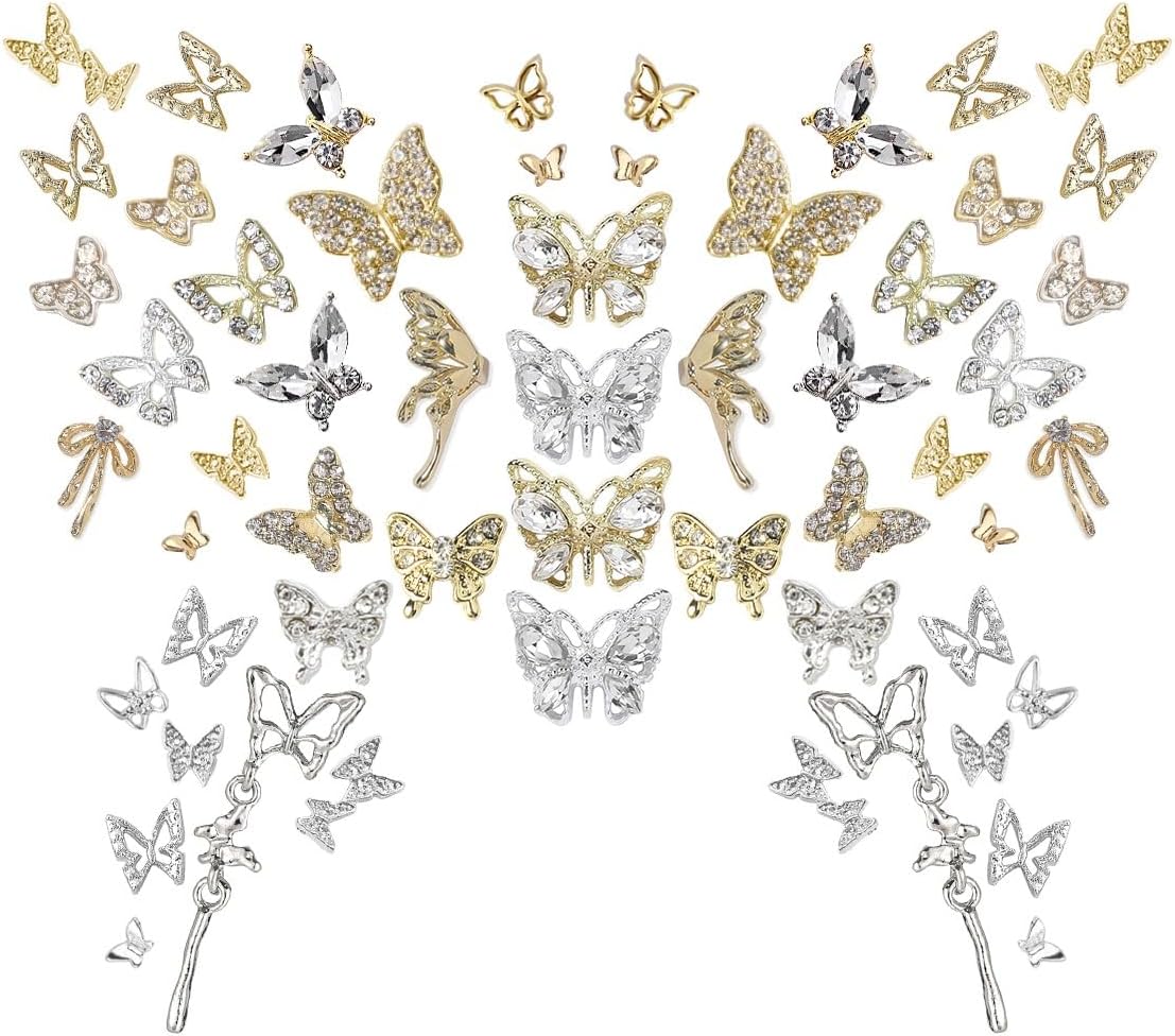 Amazon.com: 25 Pcs Butterfly Nail Charms Gold Silver Pink 3D Alloy ...