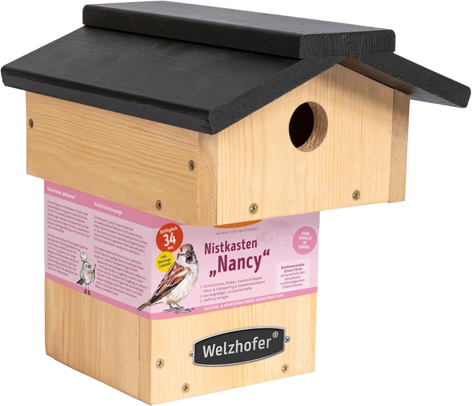 Welzhofer Nistkasten Nancy, Vogelhaus mit 34mm Einflugloch, handgemacht ...