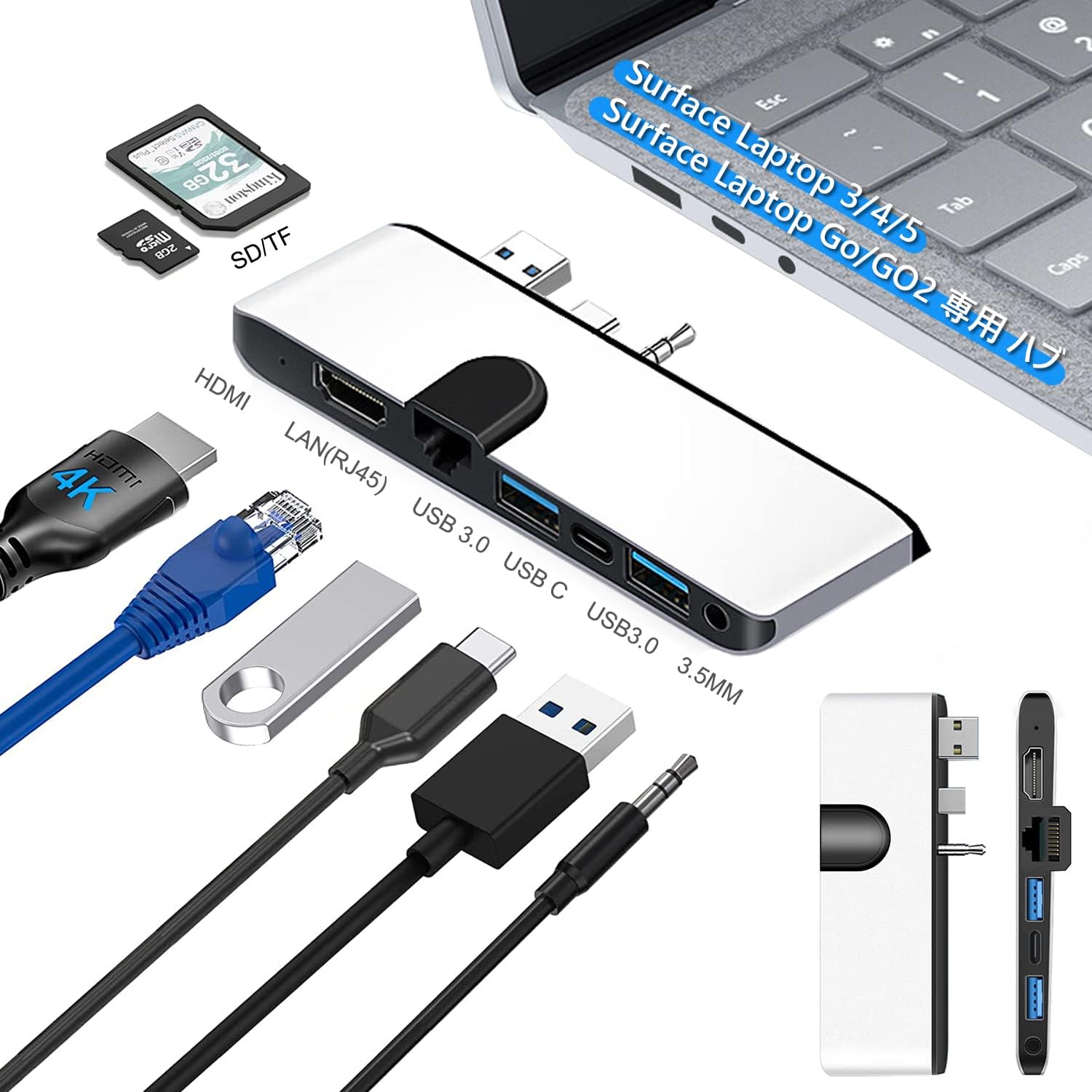 Amazon | Microsoft Surface laptop Go 2/1 laptop 5/4/3 専用 USBハブ 4K HDMIポート + LANネット接続ポート + USB3.0 ...