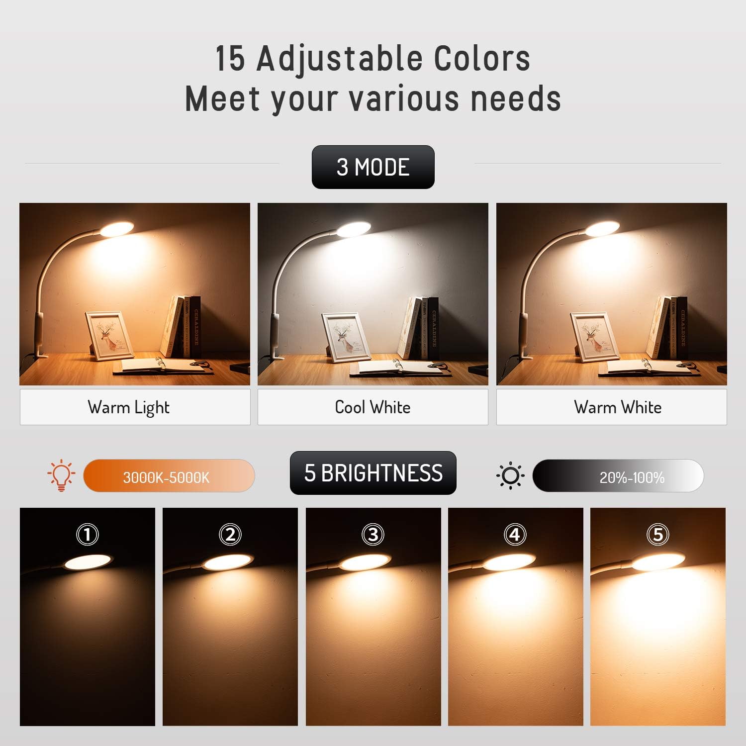Lámpara LED de escritorio, luz de abrazadera de metal de 15 W con ...
