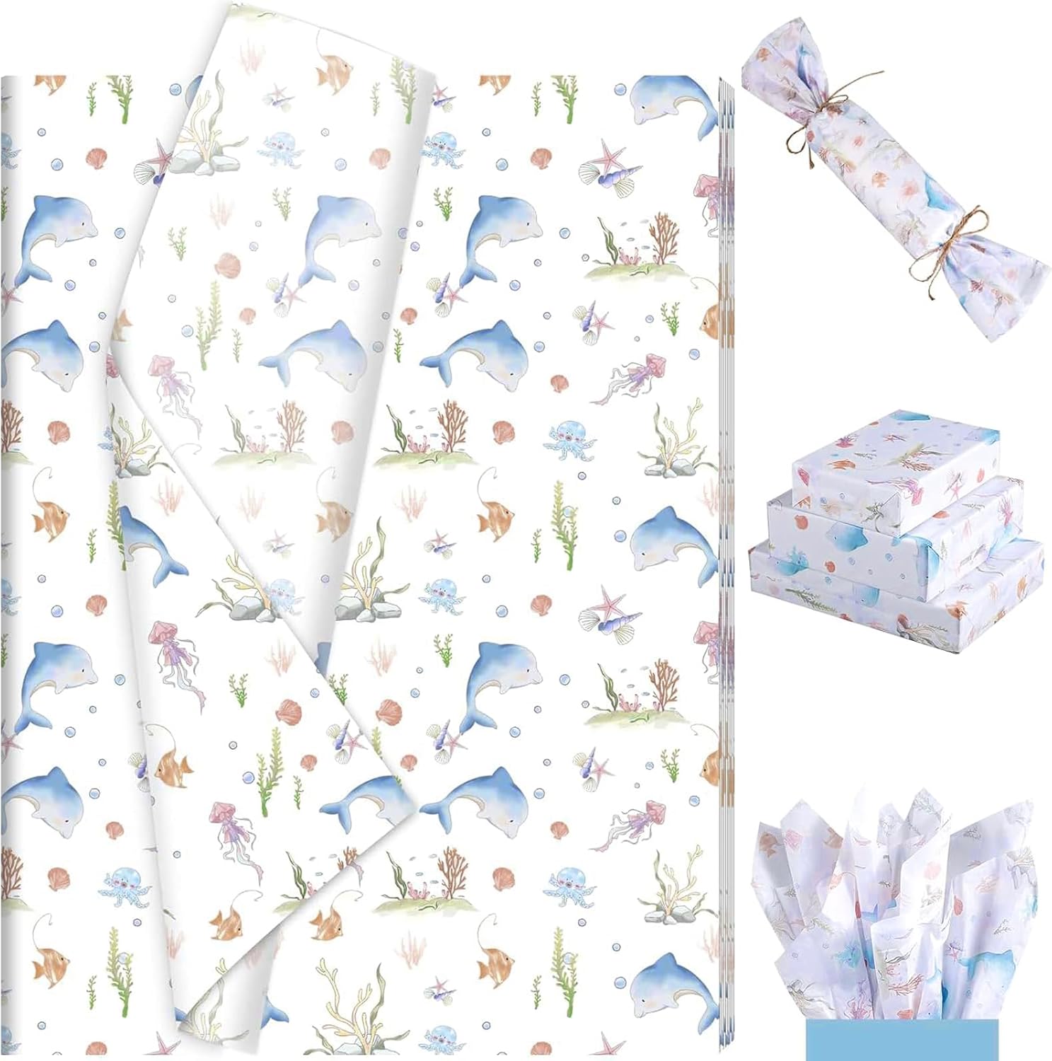 Amazon.com: Fabllewavi 100 Sheets Ocean Creatures Tissue Paper, Dolphin ...