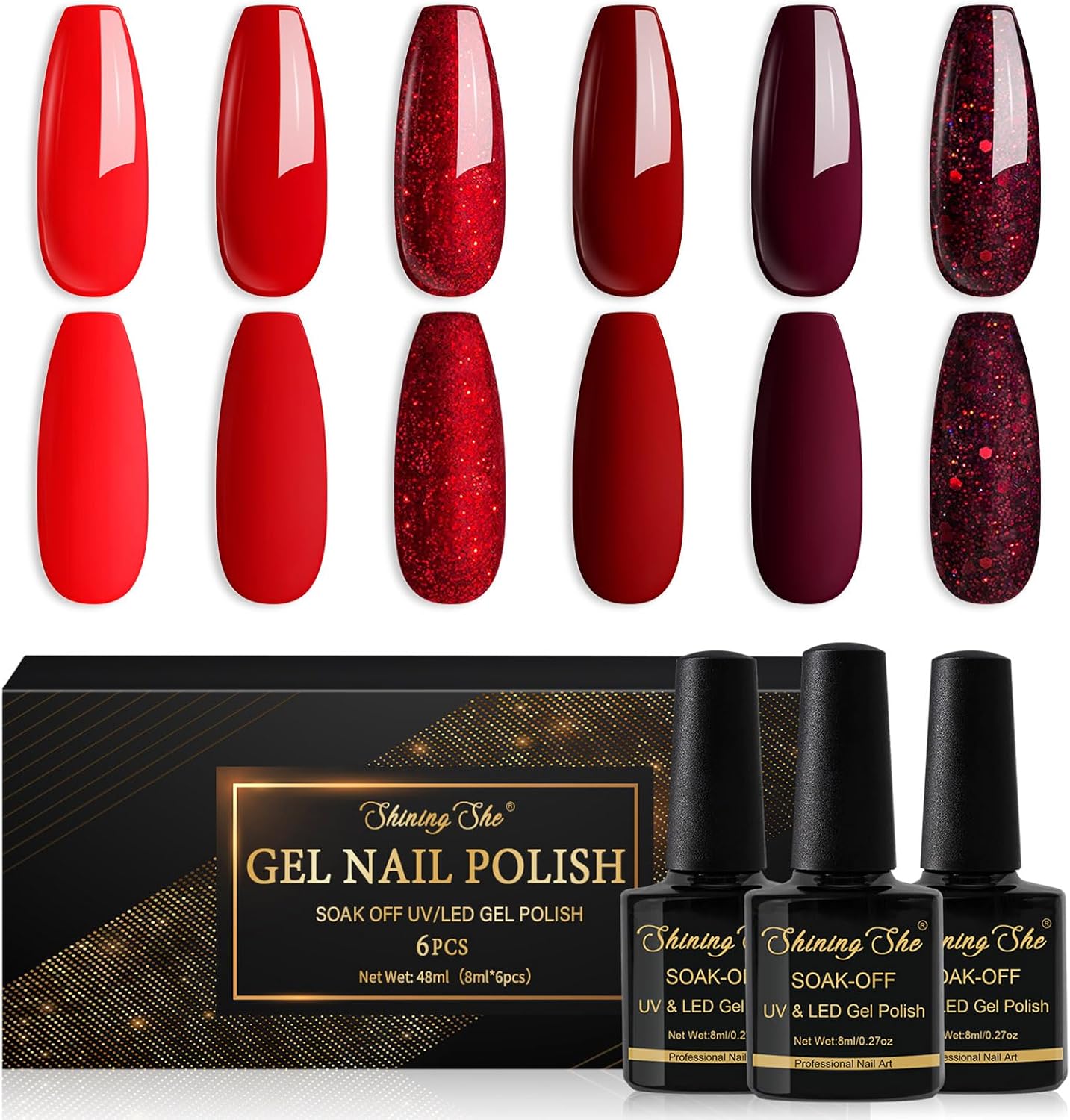 Shining She Nail Polishes Set, 6 Colours Burgundy Dark Glitter Red Gel ...
