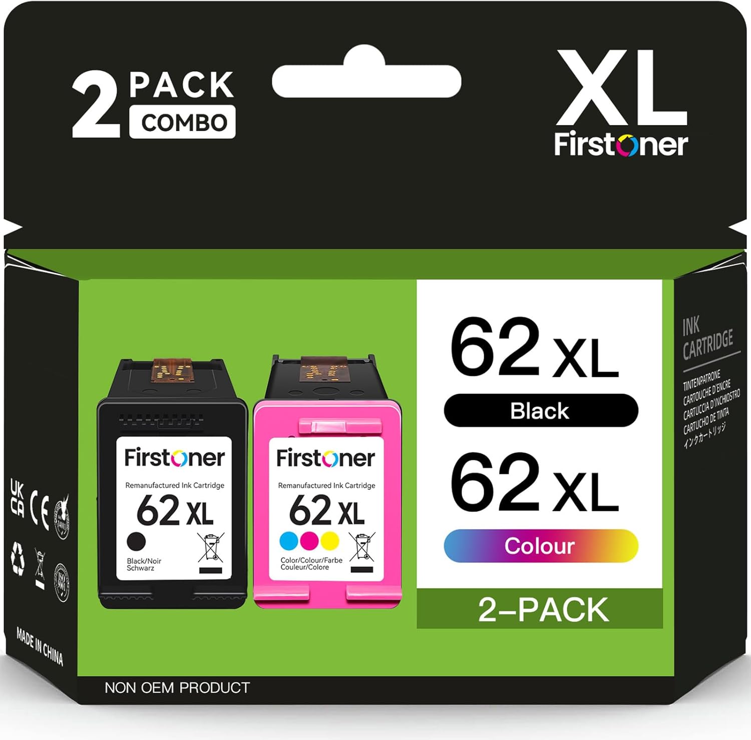 Firstoner 62XL Ink Cartridge Twin Pack, 62XL Black and Colour ...