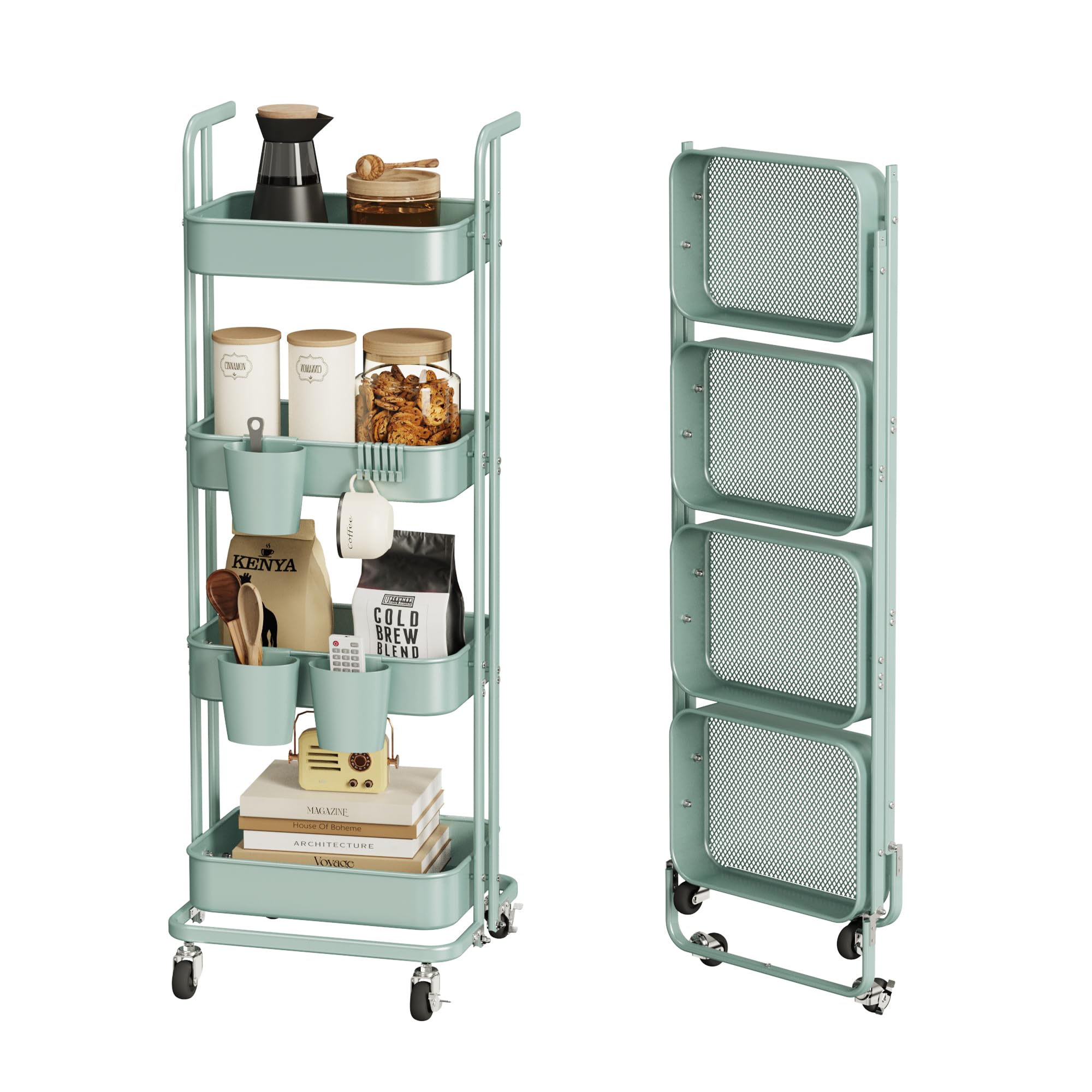 Merapi 4 Tier Foldable Rolling Cart, Metal Utility Cart with Wheels, 3 ...