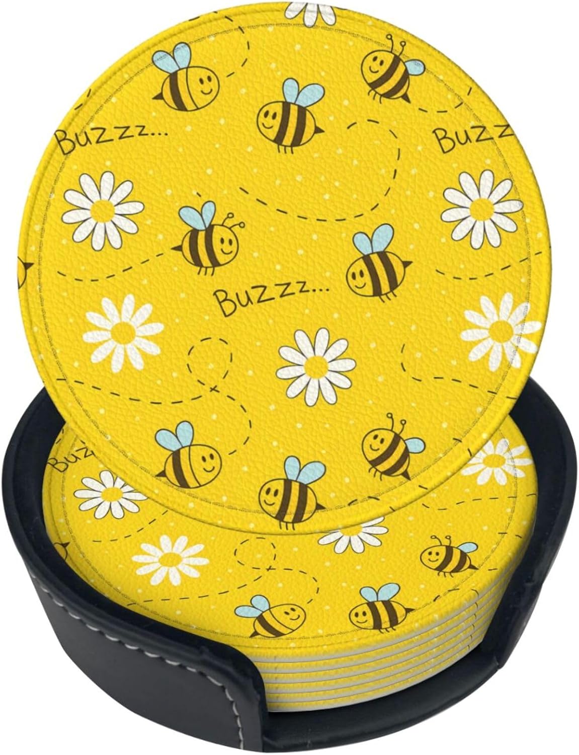 Amazon.com: 6 Pcs Leather Coasters for Drinks with Holder Cartoon Bee ...