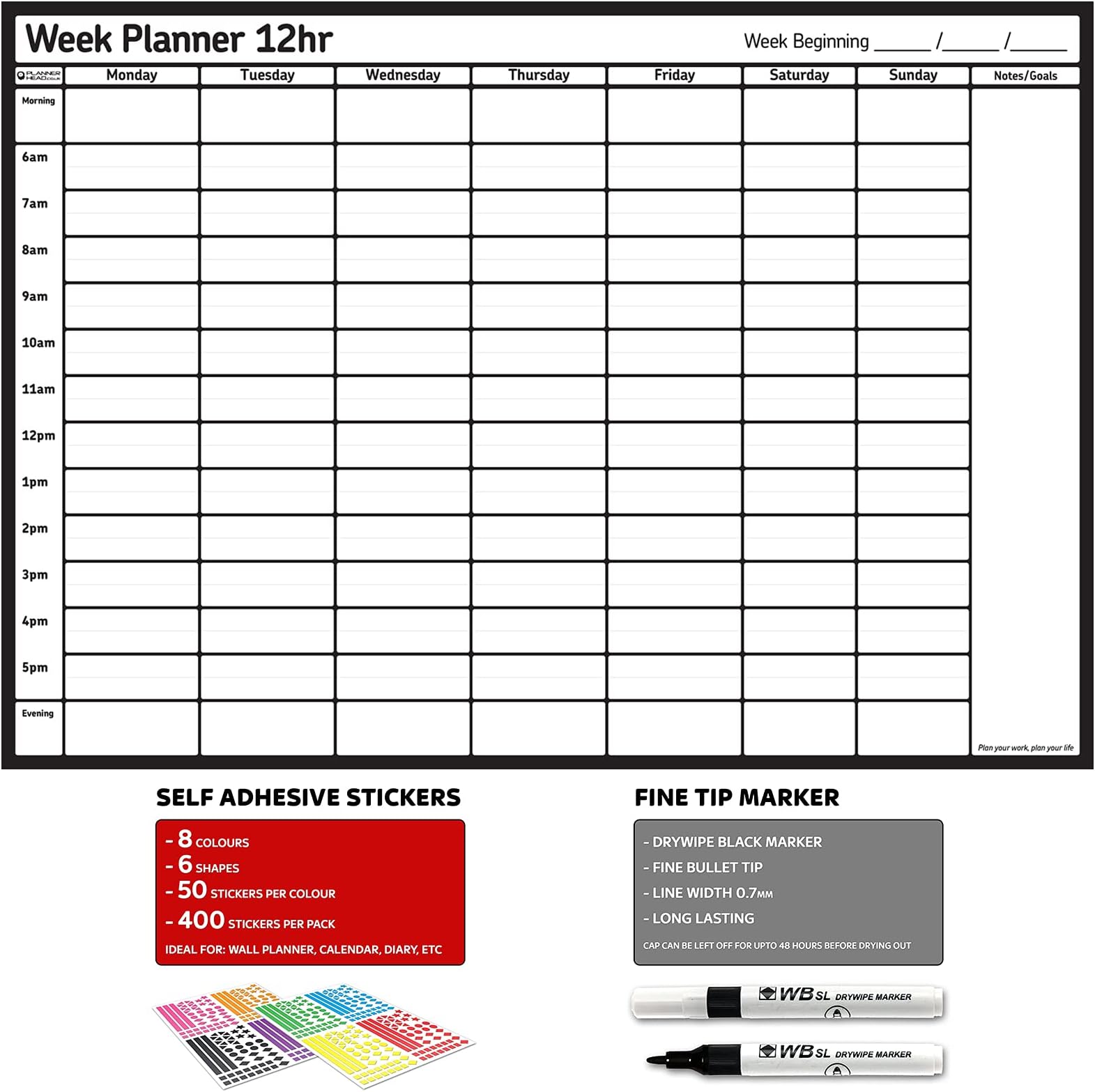 Week Planner Laminated Wall Chart 12hr a Day / 7 Days a Week Re-use ...