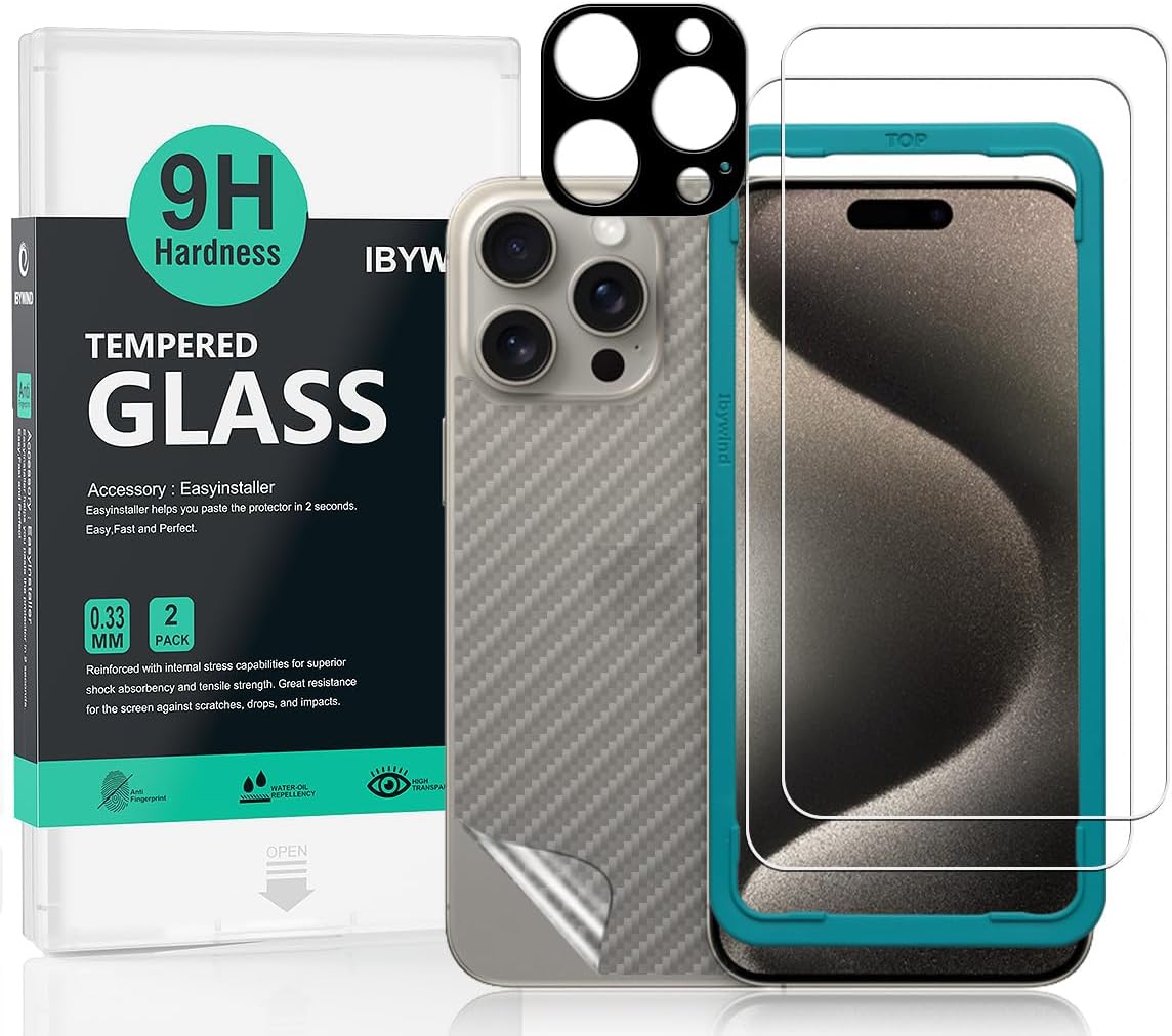 IBYWIND Screen Protector Compatible With iPhone 15 Pro 5G,2 Pack 9H Tempered Glass+1 Pack Metal ...