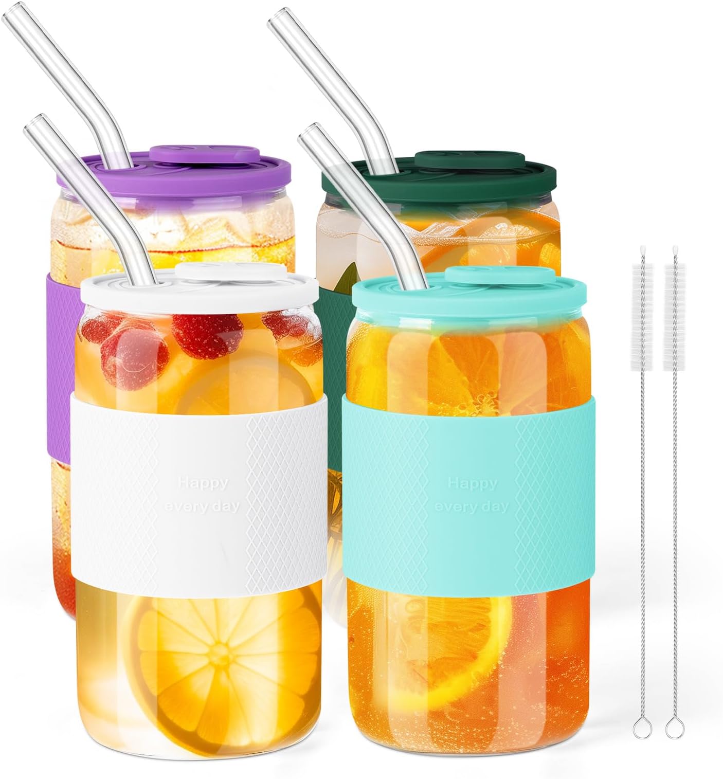 Amazon.com | sungwoo Glass Cups with Bamboo Lids and Straws, 16OZ Ice ...