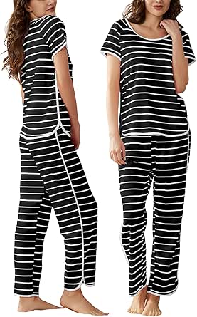 Amazon.com: Munikais Pajamas Set for Women Stripe Two-Piece Sleepwear ...